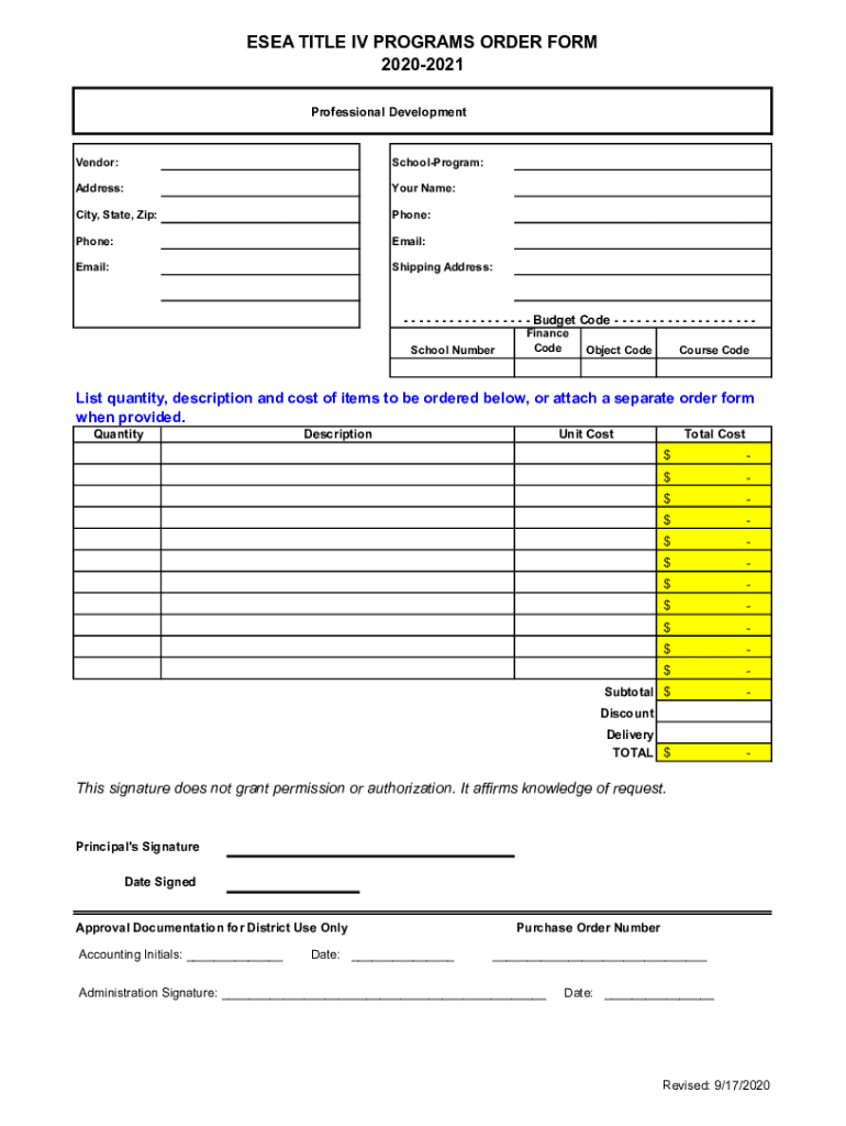 Fillable Online ESEA TITLE IV PROGRAMS ORDER FORM 2020-2021 Fax Email Print - pdfFiller