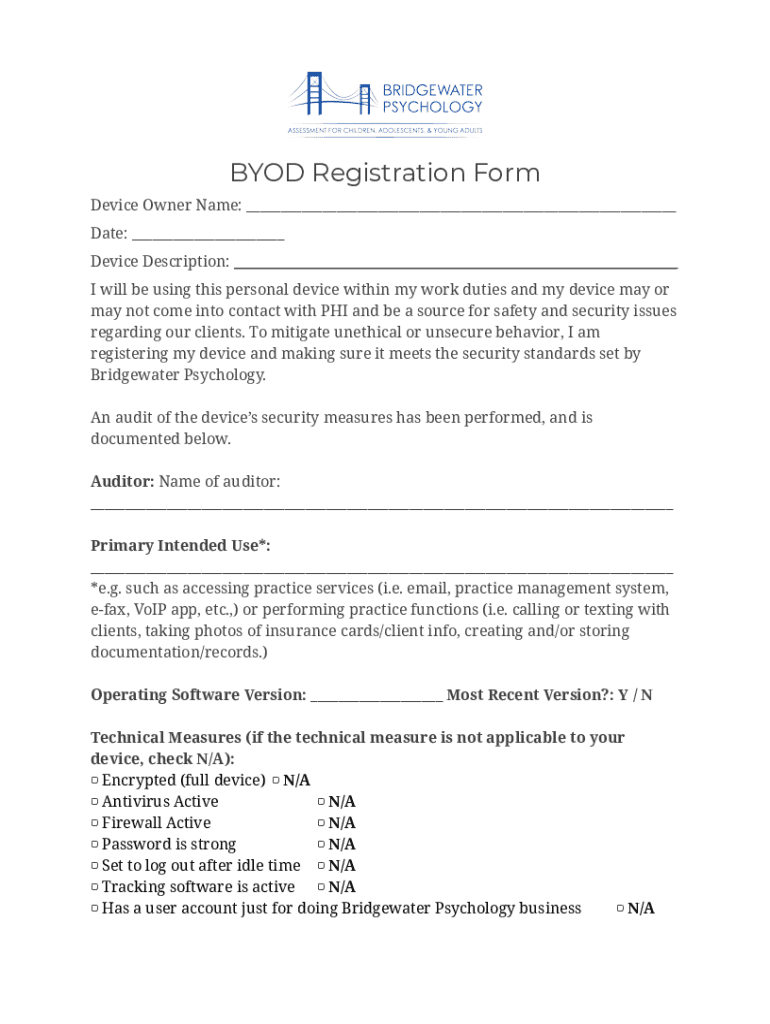 Fillable Online BYOD Registration Form: Bridgewater Psychology Fax ...