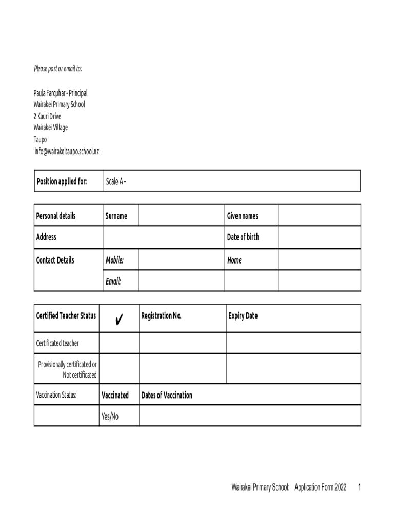 Fillable Online Wairakei Primary School: Year 5-4 Application Form 2021 ...