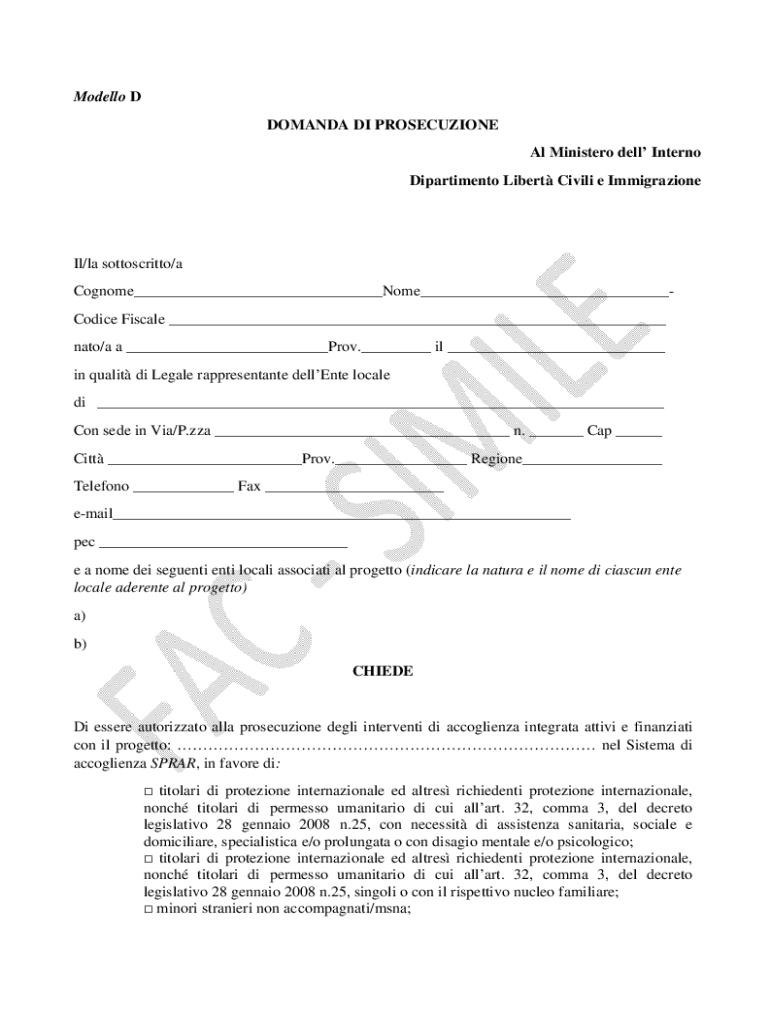Compilabile Online Modello D DOMANDA DI PROSECUZIONE Fax Email Stampa ...