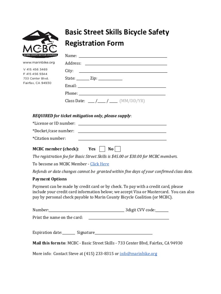 Fillable Online Basic Street Skills Bicycle Safety Registration Form ...