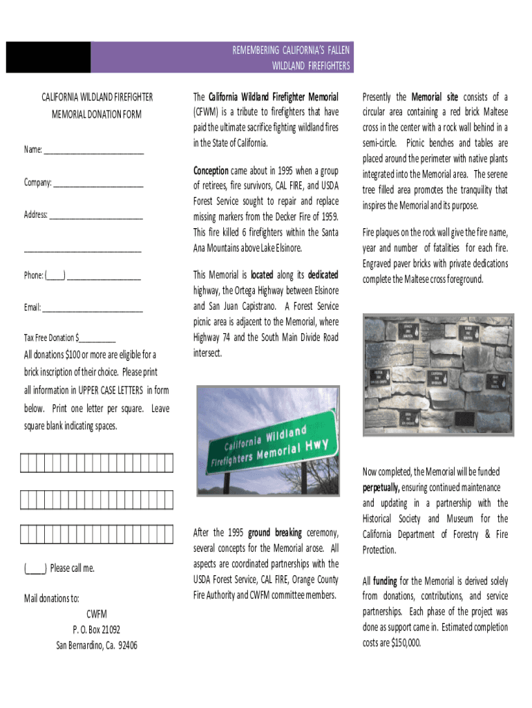 Fillable Online California Wildland Firefighter MemorialDonation Form ...