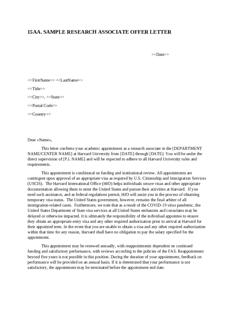 AA. Sample Research Associate Offer Letter Doc Template | pdfFiller