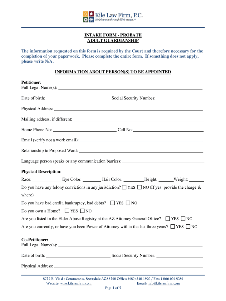 Fillable Online INTAKE FORM - PROBATE ADULT GUARDIANSHIP The ... Fax ...