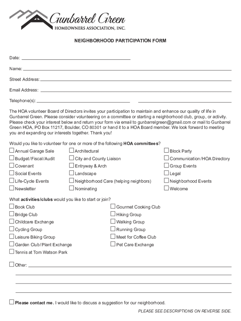 Fillable Online NEIGHBORHOOD PARTICIPATION FORM Fax Email Print - pdfFiller