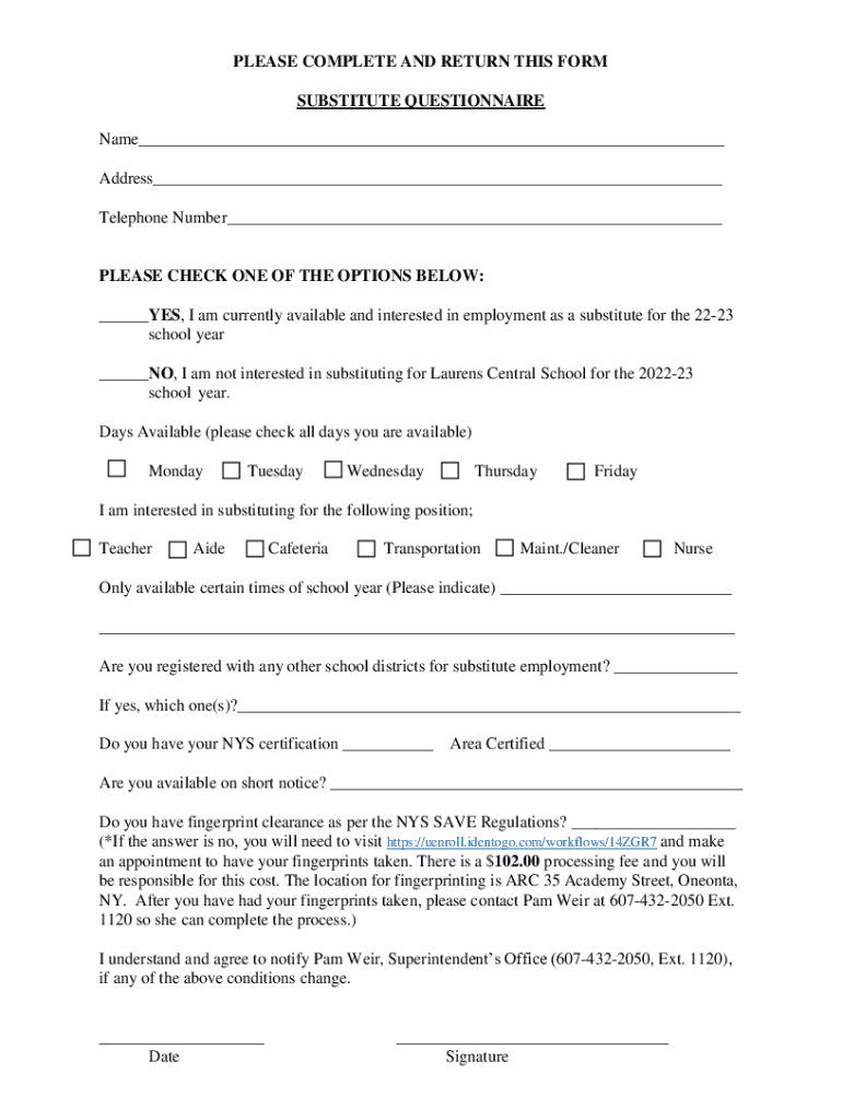 Fillable Online Substitute Questionnaire Fax Email Print - pdfFiller