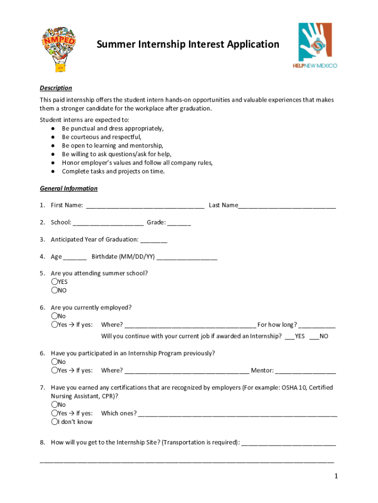 Fillable Online Summer Internship Interest Application Fax Email Print ...