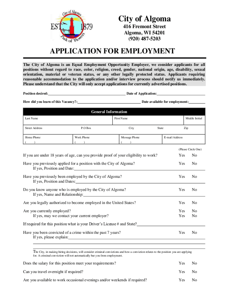 Fillable Online Application for employment City of Algoma Fax Email ...