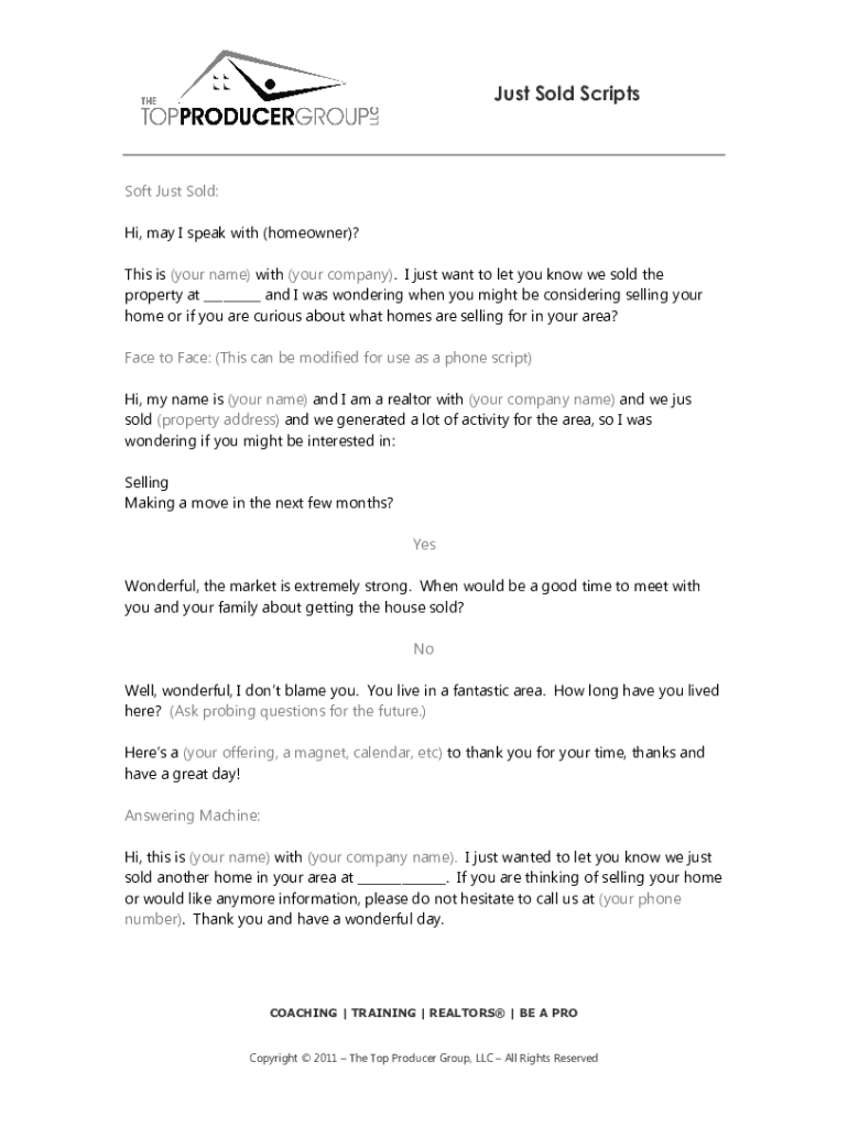 Fillable Online Just Listed & Just Sold Real Estate Scripts Fax Email ...