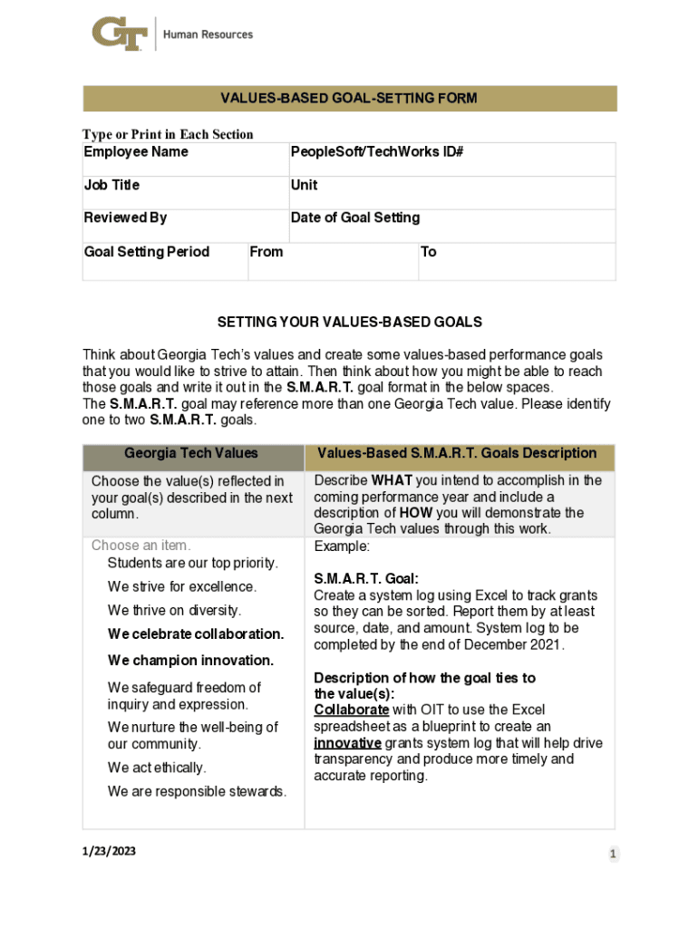 Fillable Online Instructions for completing the Values-Based Goal ...