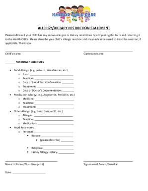 Fillable Online ALLERGY/DIETARY RESTRICTION STATEMENT Fax Email Print ...