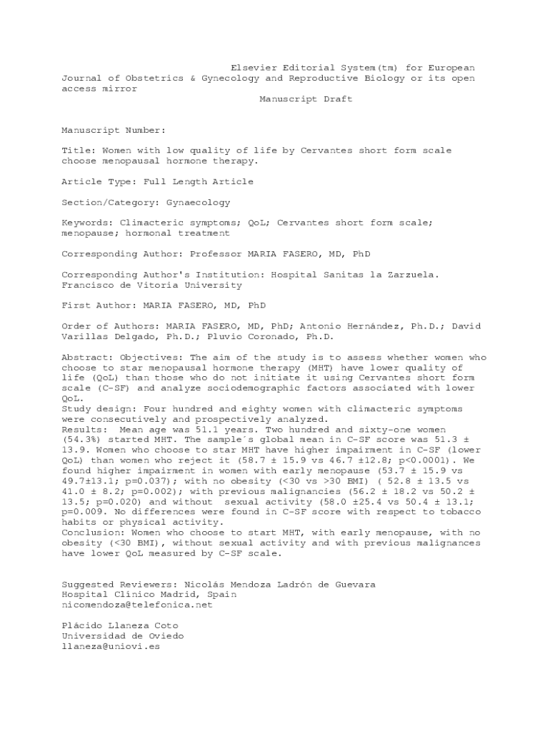 Fillable Online Women with low quality of life by Cervantes short form ...