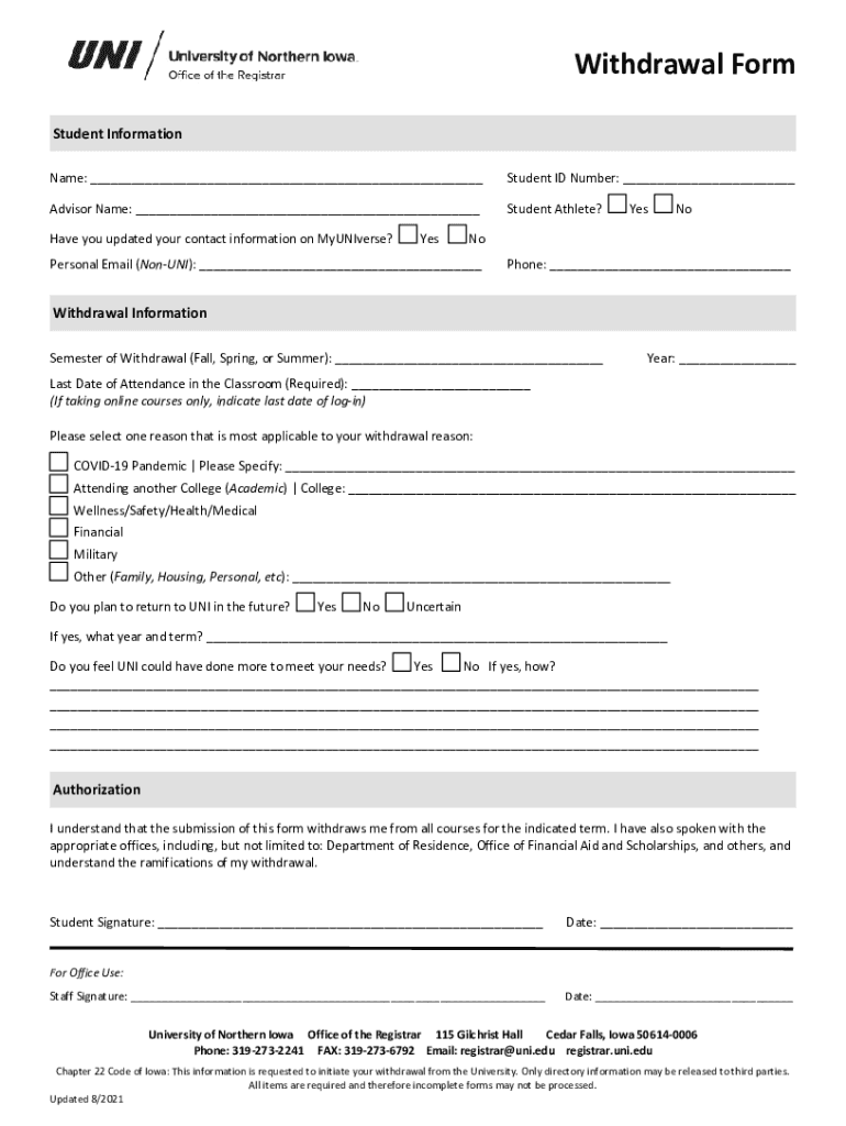 Fillable Online Withdrawal Form - Office of the Registrar - University of Northern Iowa Fax ...