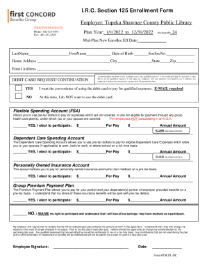 Fillable Online IRC Section 125 Enrollment Form - Employer Fax Email ...