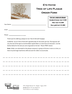 Fillable Online ORDER FORM Tree of Life Plaque Fax Email Print - pdfFiller