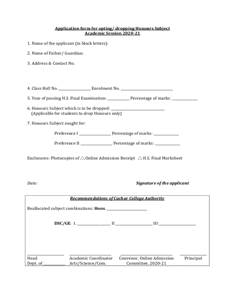 Fillable Online Application form for opting/ dropping Honours Subject Fax Email Print - pdfFiller