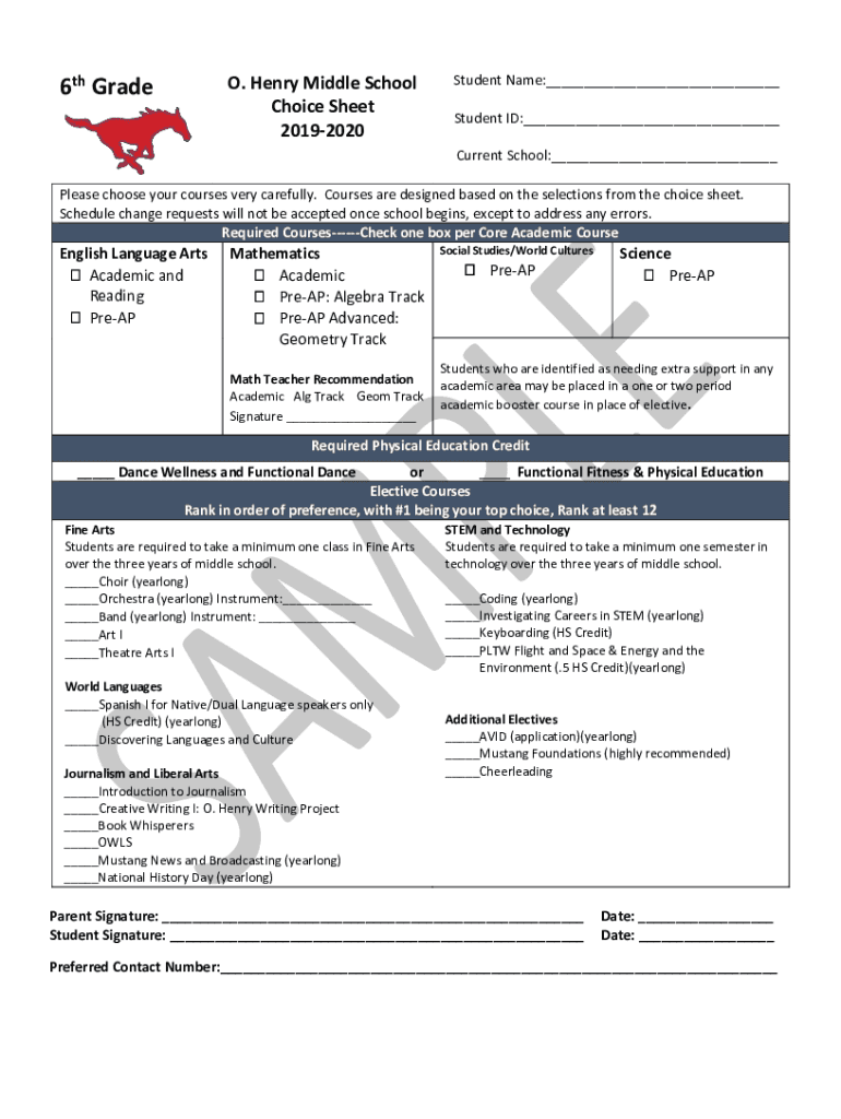 Fillable Online 6th Grade Choice Sheet - O. Henry Middle School - Austin ISD Fax Email Print ...
