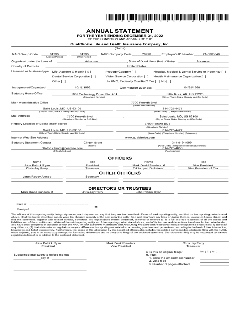 Fillable Online insurance arkansas 2022 Annual Statement Blank ...