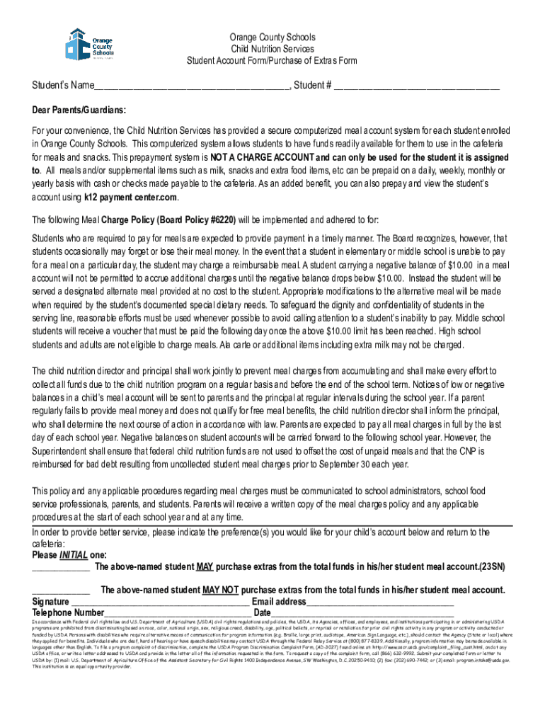 Fillable Online Orange County School Meal Account Form 2022-2023- New ...