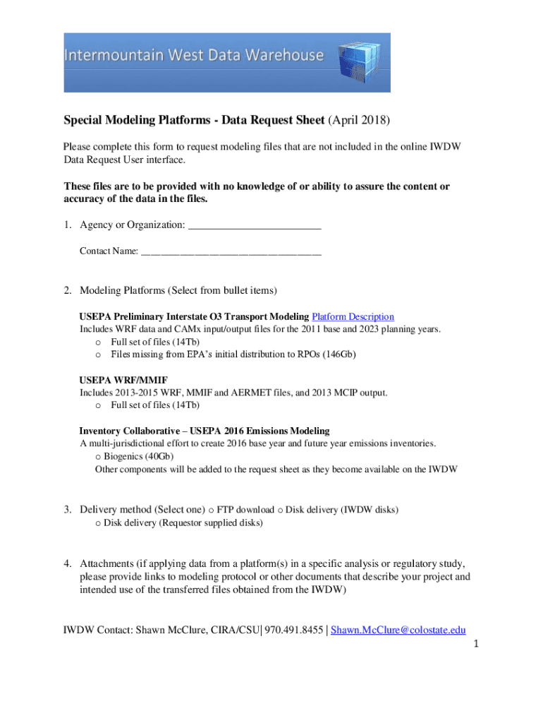 Fillable Online Special Modeling Platforms - Data Request Sheet (April ...