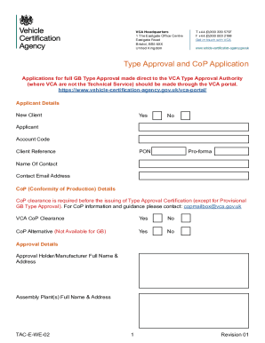 Fillable Online VCA Type Approval and COP Application Form Fax Email Print - pdfFiller