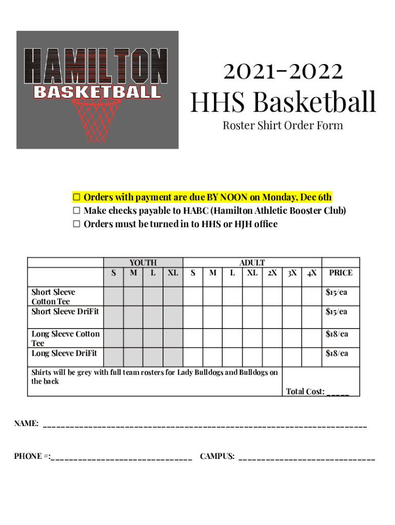 Fillable Online '21-'22 HHS Basketball Roster shirt order form Fax ...