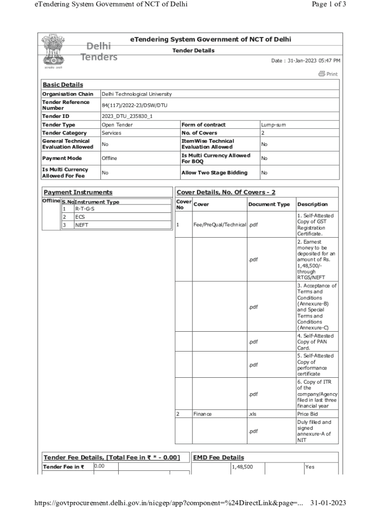 Fillable Online eTendering System Government of NCT of Delhi Page 1 of ...