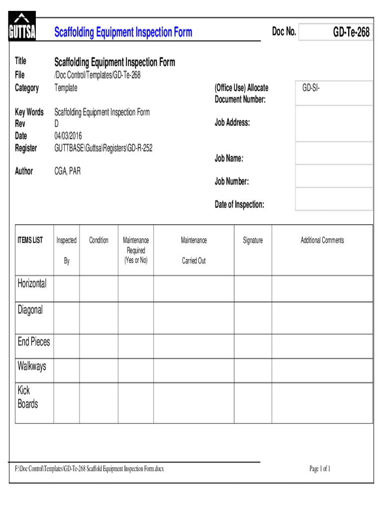 Fillable Online GD-Te-268 Scaffolding Equipment Inspection Form Fax ...