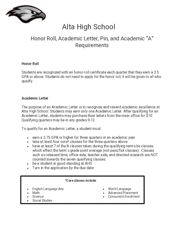 Fillable Online ahs canyonsdistrict Honor Roll, Academic Letter, Pin ...