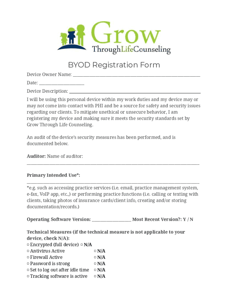 Fillable Online Grow Through Life BYOD Registration Form: Template Fax ...