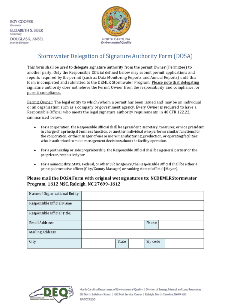 Fillable Online Stormwater Delegation of Signature Authority Form (DOSA ...