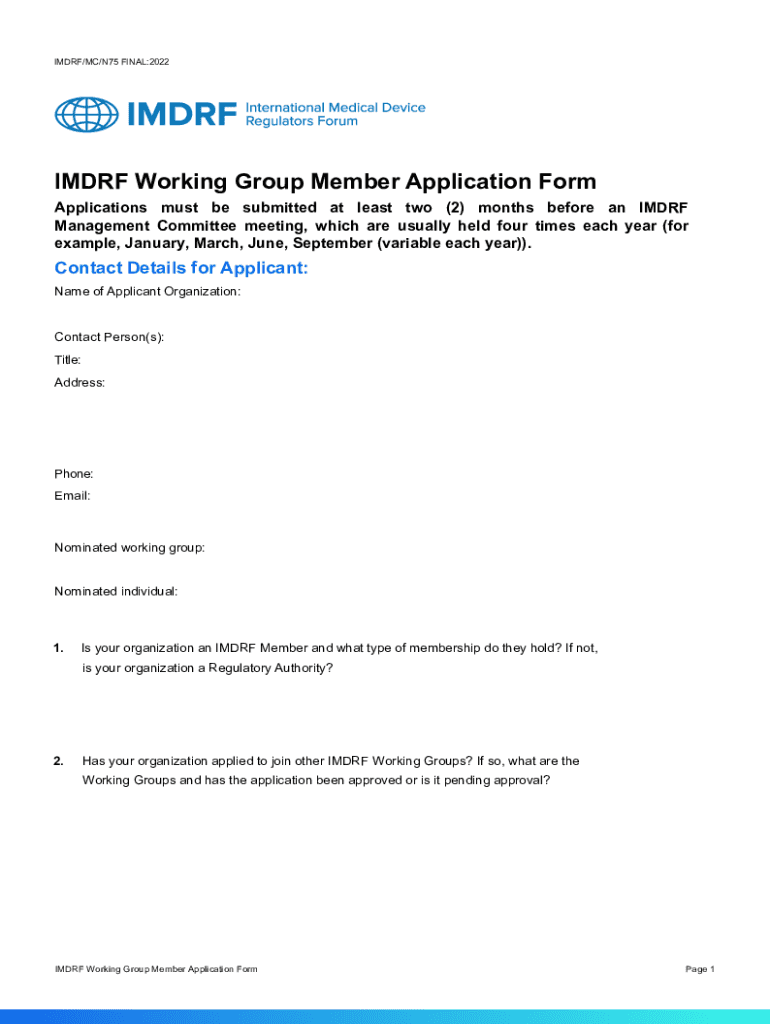 Fillable Online IMDRF Working Group Member Application Form Fax Email Print - pdfFiller