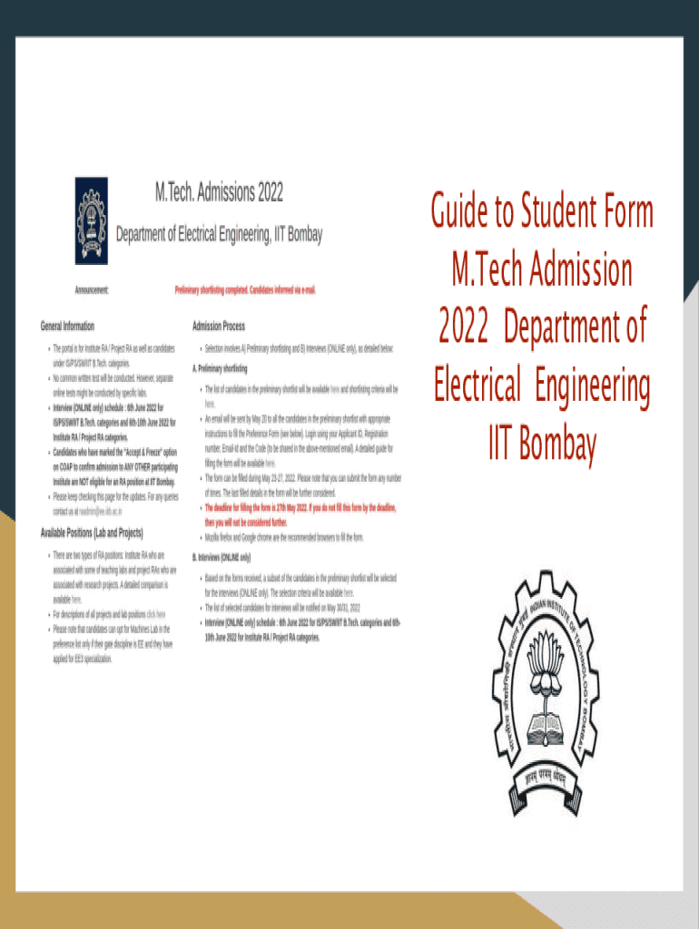 Fillable Online Guide to Student Form M.Tech Admission 2022 Department ...
