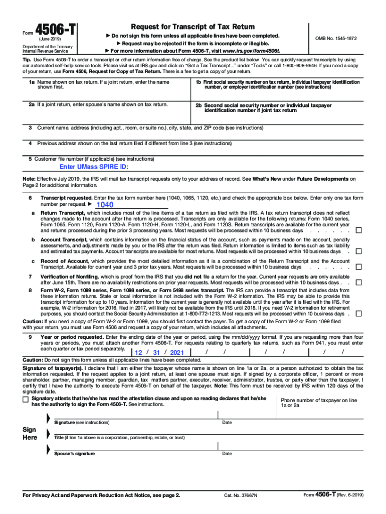 Fillable Online How to complete an IRS Form 4506T for Tax Return ...
