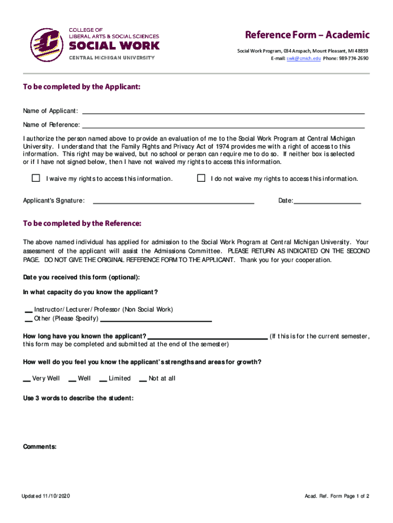 Fillable Online www2 cmich Reference Form Social Work Related Experience Fax Email Print - pdfFiller