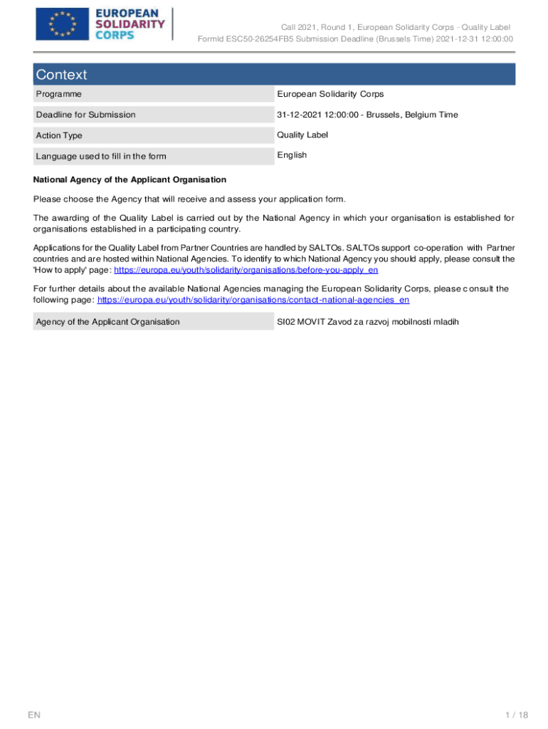 Fillable Online Call 2021, Round 1, European Solidarity Corps - Quality ...