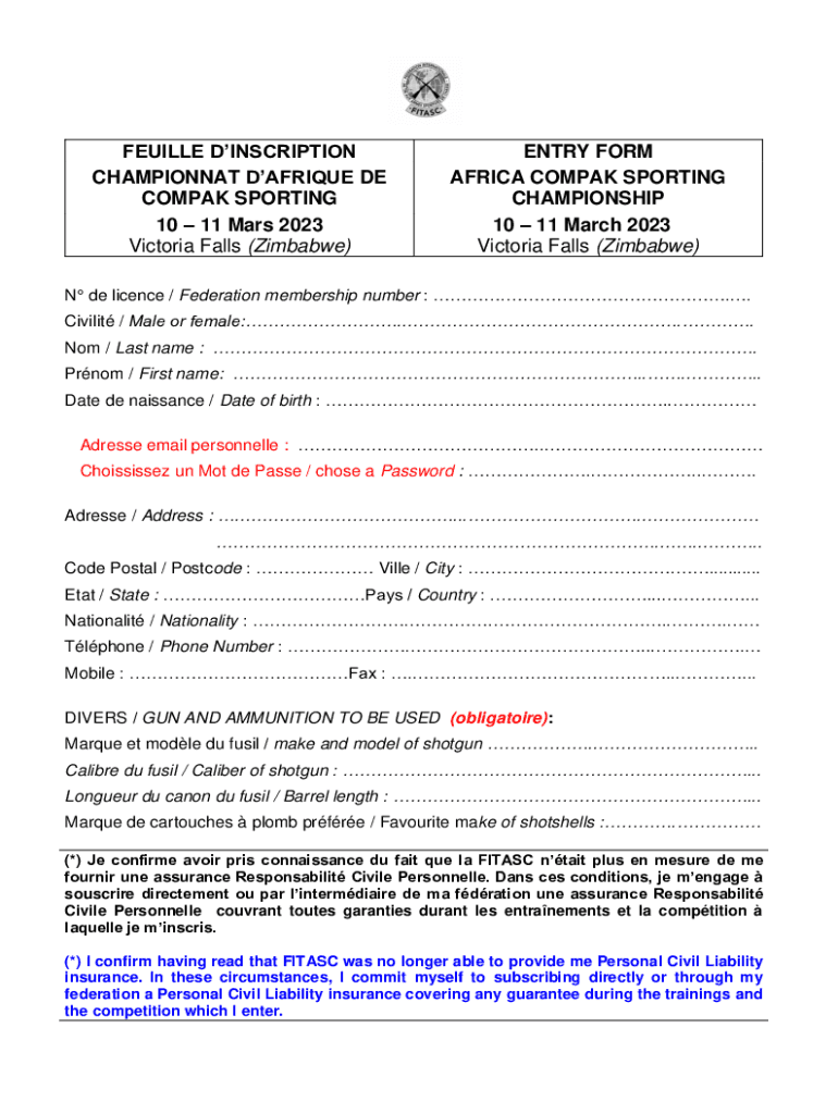 Remplissable En Ligne FEUILLE D'INSCRIPTIONENTRY FORM Fax Email Imprimer - pdfFiller
