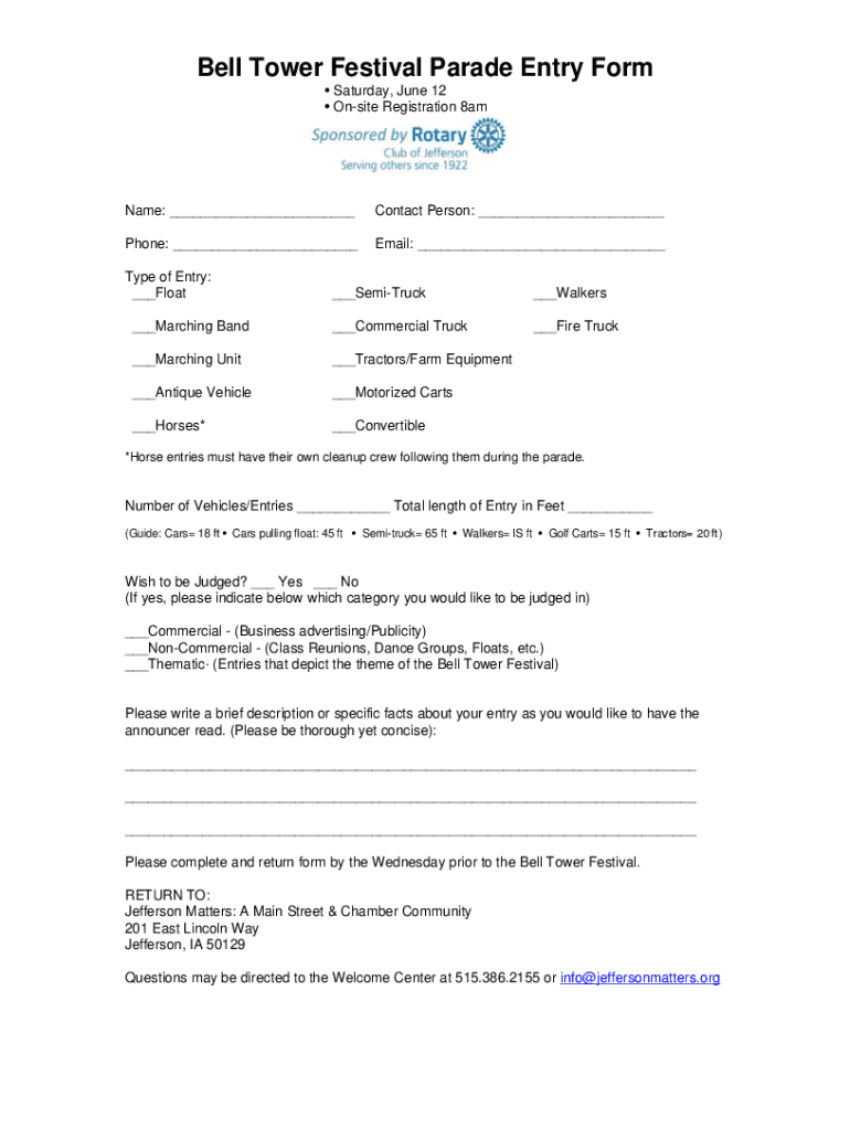 Fillable Online Bell Tower Festival Parade Entry Form Fax Email Print ...