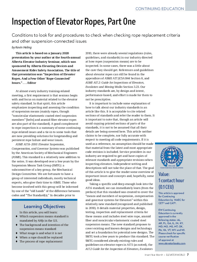 Fillable Online Inspection of Elevator Ropes, Part One Fax Email Print ...