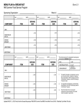 Fillable Online MENU PLAN for BREAKFAST Fax Email Print - pdfFiller