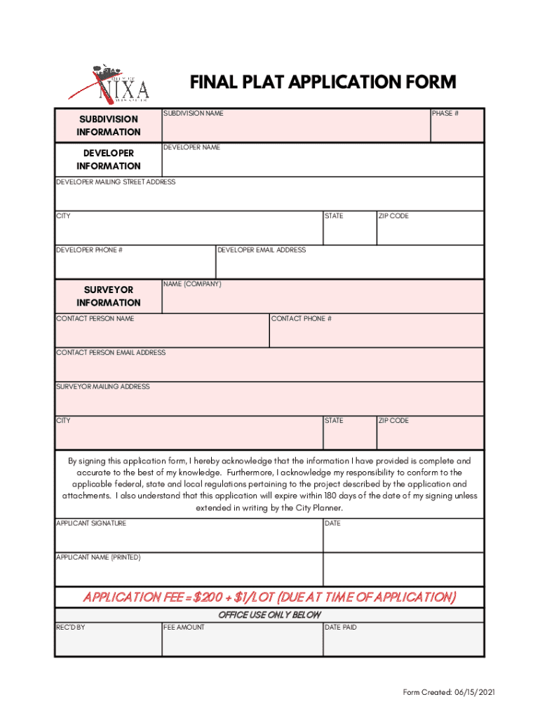 Fillable Online FINAL PLAT APPLICATION FORM Fax Email Print - pdfFiller