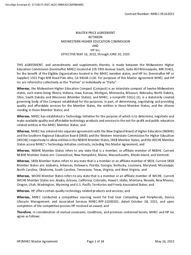 Fillable Online Contract Number Mhec 05162022 Hp Mhec Master Agreement