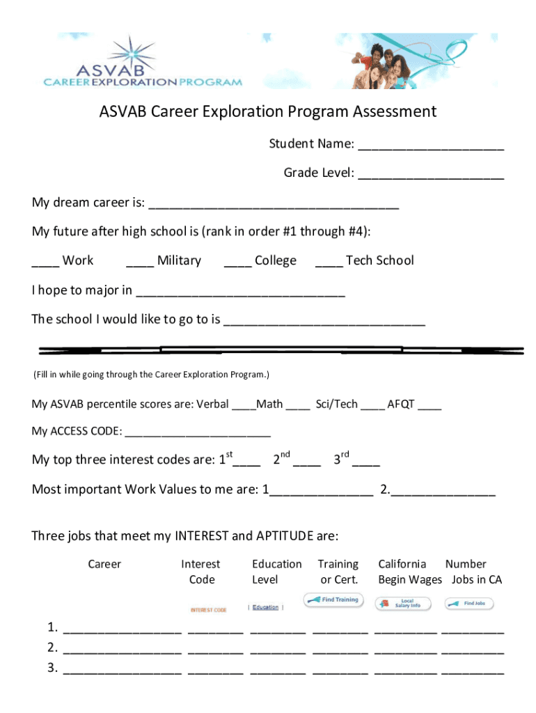 Fillable Online ASVAB Career Exploration Program: What career is right ...
