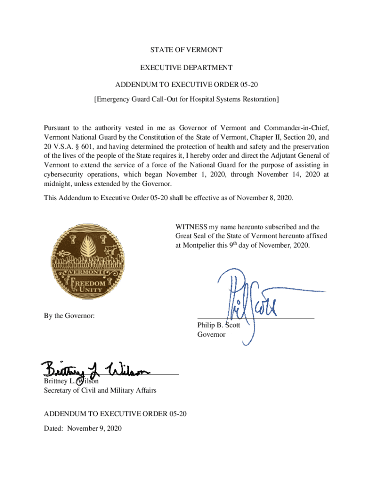 Fillable Online governor vermont ADDENDUM TO EXECUTIVE ORDER 05-20.pdf ...