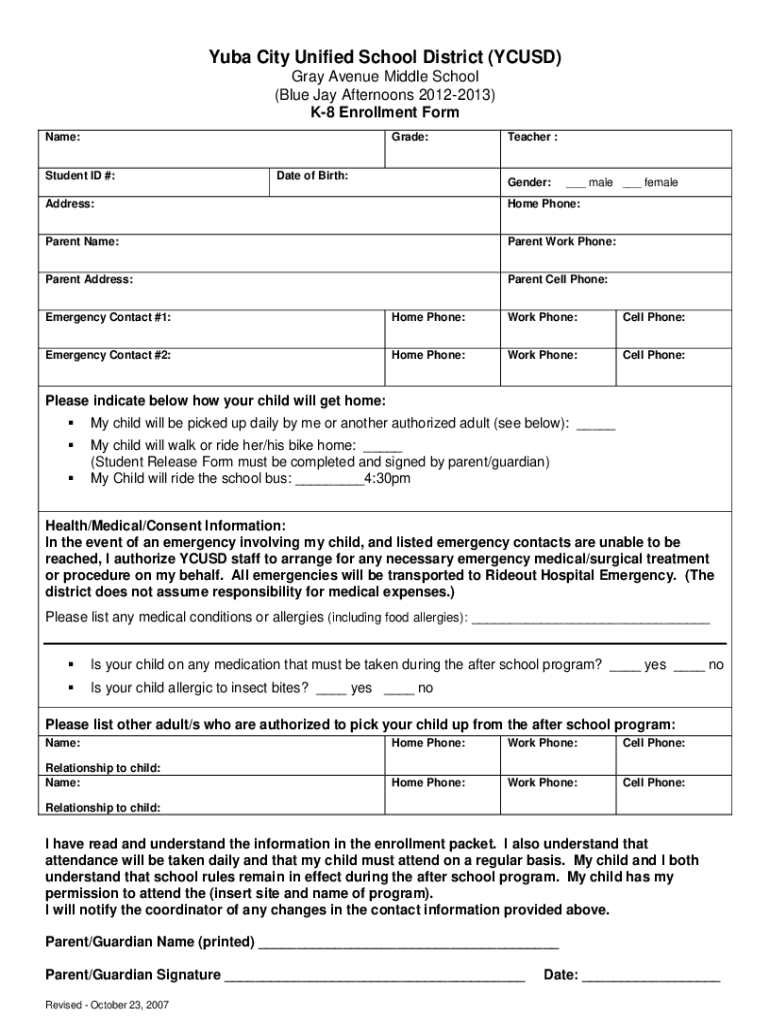 Fillable Online Yuba City Unified School District - Back to School ...