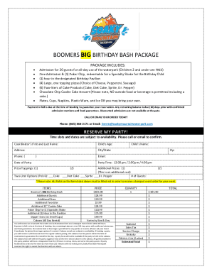 Fillable Online BOOMERS BIG BIRTHDAY BASH PACKAGE Fax Email Print ...