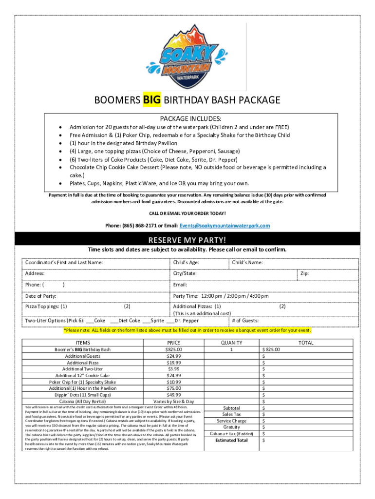 Fillable Online BOOMERS BIG BIRTHDAY BASH PACKAGE Fax Email Print - pdfFiller