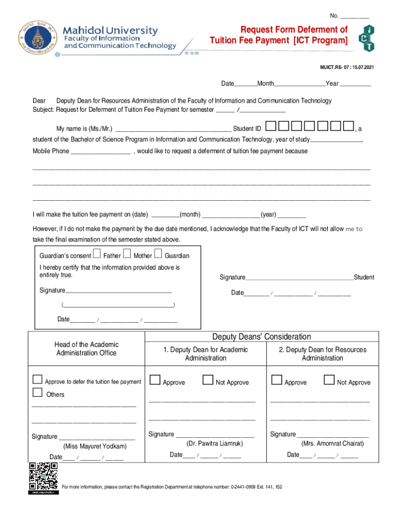 Fillable Online Request Form Deferment of Tuition Fee Payment ICT ...