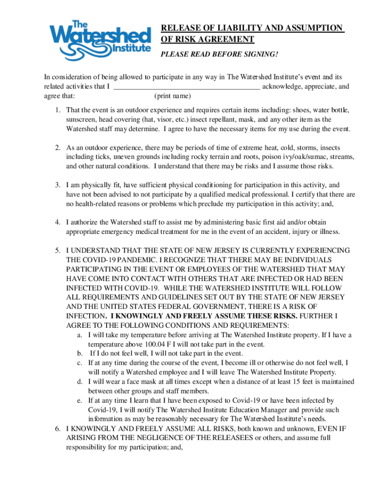 Fillable Online Assumption of Risk, Waiver and Release of Liability and ...