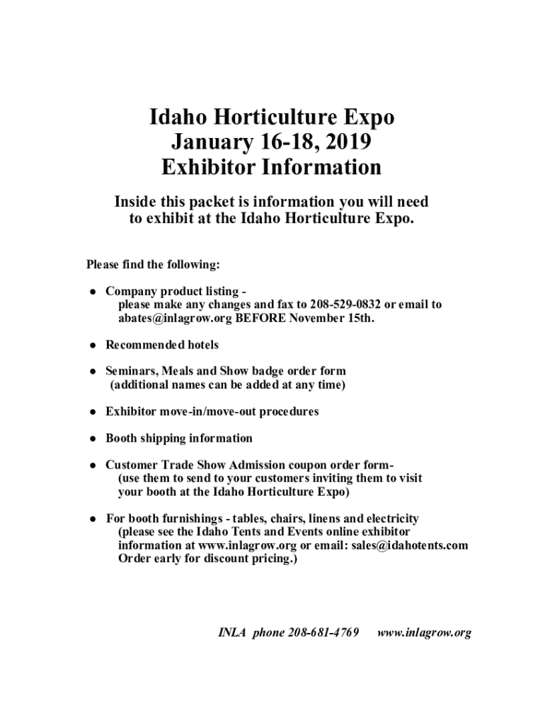 Fillable Online 2022 Idaho Horticulture Expo Exhibitor Sign up Fax ...